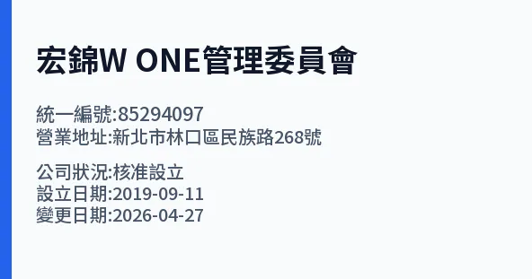 宏錦W ONE管理委員會的照片-統編 85294097(新北市) 公司登記資料與營業項目詳細圖表