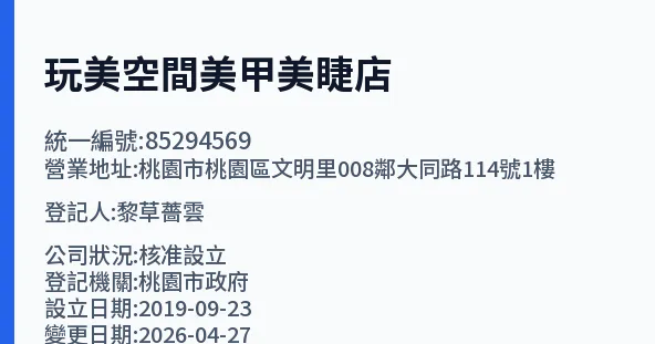 玩美空間美甲美睫店的照片-統編 85294569(桃園市) 公司登記資料與營業項目詳細圖表