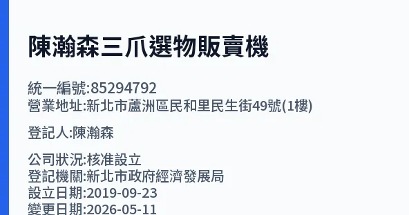 陳瀚森三爪選物販賣機的照片-統編 85294792(新北市) 公司登記資料與營業項目詳細圖表
