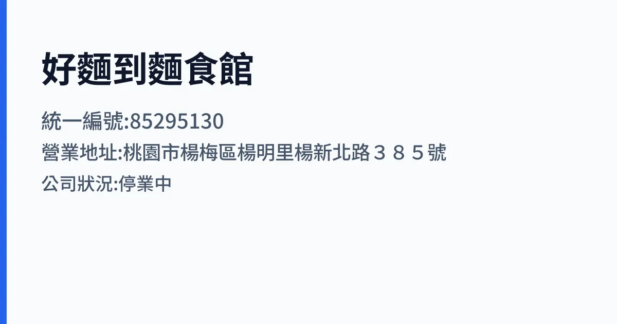好麵到麵食館 - 統編 85295130(桃園市) 公司登記資料與營業項目詳細圖表