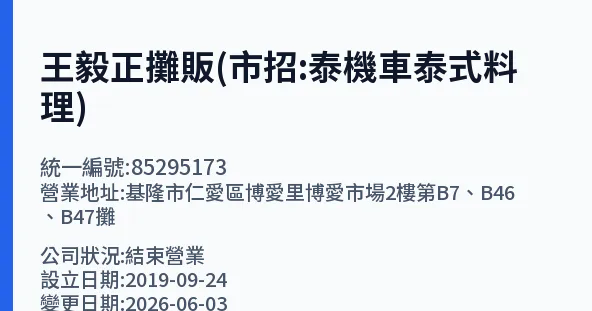 王毅正攤販(市招:泰機車泰式料理)的照片-統編 85295173(基隆市) 公司登記資料與營業項目詳細圖表