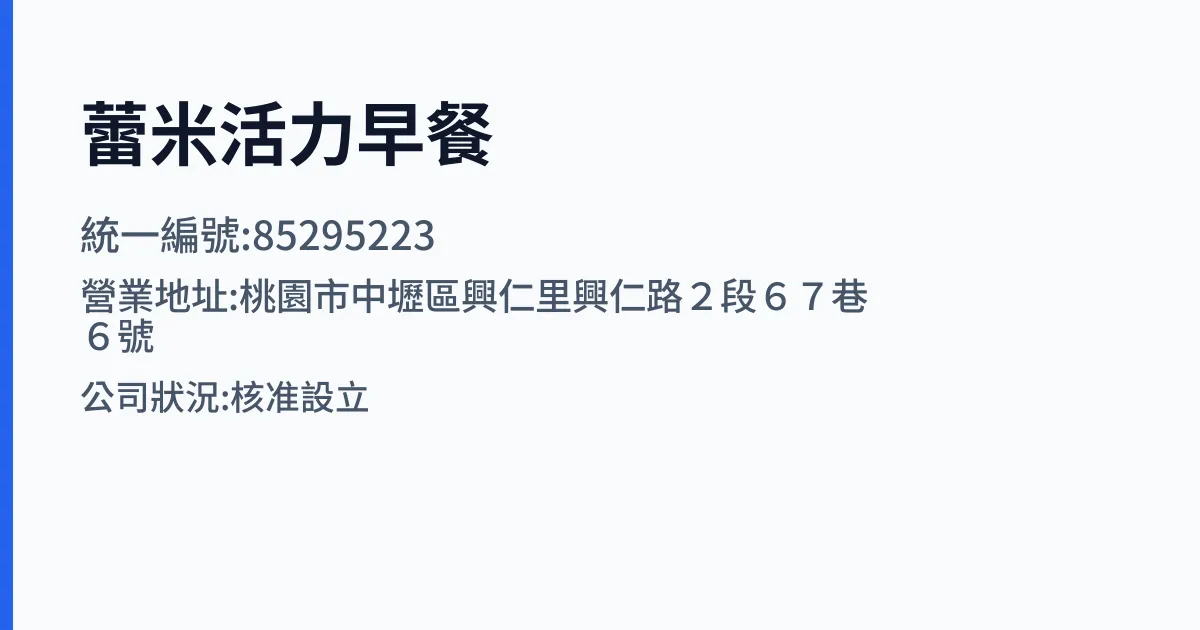 蕾米活力早餐 - 統編 85295223(桃園市) 公司登記資料與營業項目詳細圖表