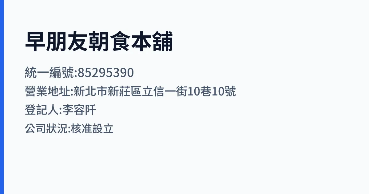 早朋友朝食本舖 - 統編 85295390(新北市) 公司登記資料與營業項目詳細圖表