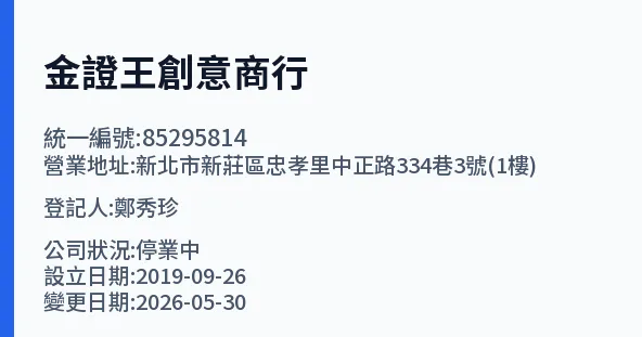 金證王創意商行的照片-統編 85295814(新北市) 公司登記資料與營業項目詳細圖表