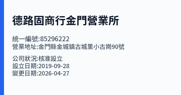 德路固商行金門營業所的照片-統編 85296222(金門縣) 公司登記資料與營業項目詳細圖表