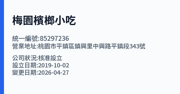 梅園檳榔小吃的照片-統編 85297236(桃園市) 公司登記資料與營業項目詳細圖表