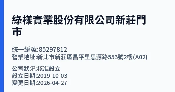 綠樣實業股份有限公司新莊門市的照片-統編 85297812(新北市) 公司登記資料與營業項目詳細圖表