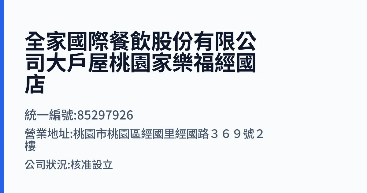 全家國際餐飲股份有限公司大戶屋桃園家樂福經國店 - 統編 85297926(桃園市) 公司登記資料與營業項目詳細圖表