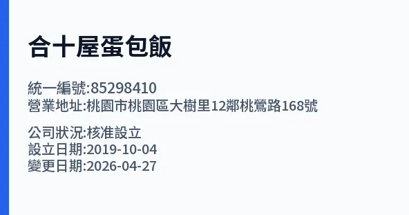 合十屋蛋包飯的照片-統編 85298410(桃園市) 公司登記資料與營業項目詳細圖表