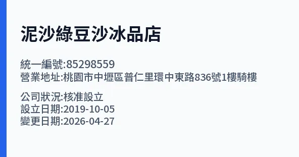 泥沙綠豆沙冰品店的照片-統編 85298559(桃園市) 公司登記資料與營業項目詳細圖表