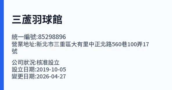 三蘆羽球館的照片-統編 85298896(新北市) 公司登記資料與營業項目詳細圖表