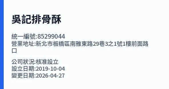 吳記排骨酥的照片-統編 85299044(新北市) 公司登記資料與營業項目詳細圖表