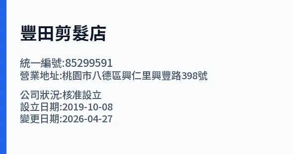 豐田剪髮店的照片-統編 85299591(桃園市) 公司登記資料與營業項目詳細圖表
