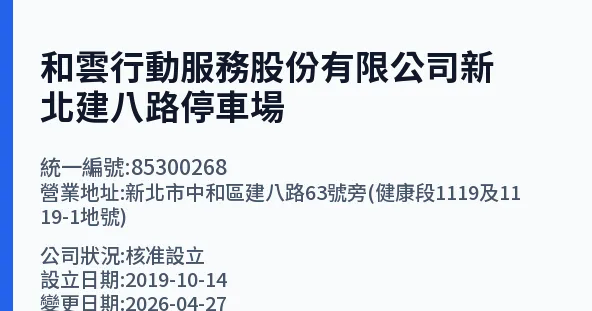 和雲行動服務股份有限公司新北建八路停車場的照片-統編 85300268(新北市) 公司登記資料與營業項目詳細圖表