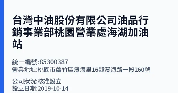 台灣中油股份有限公司油品行銷事業部桃園營業處海湖加油站的照片-統編 85300387(桃園市) 公司登記資料與營業項目詳細圖表