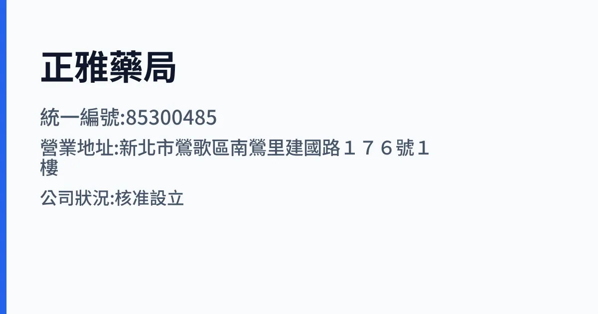 正雅藥局 - 統編 85300485(新北市) 公司登記資料與營業項目詳細圖表