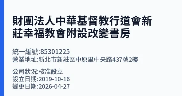 財團法人中華基督教行道會新莊幸福教會附設改變書房的照片-統編 85301225(新北市) 公司登記資料與營業項目詳細圖表