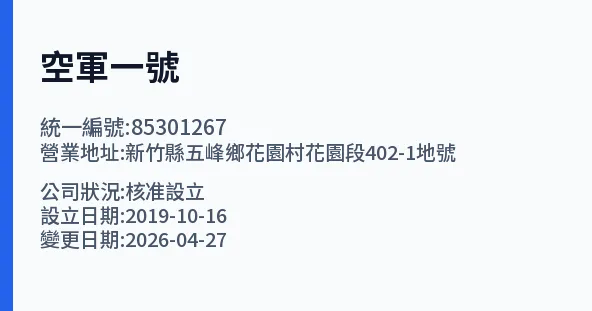 空軍一號的照片-統編 85301267(新竹縣) 公司登記資料與營業項目詳細圖表