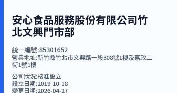 安心食品服務股份有限公司竹北文興門市部的照片-統編 85301652(新竹縣) 公司登記資料與營業項目詳細圖表