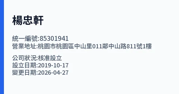 楊忠軒的照片-統編 85301941(桃園市) 公司登記資料與營業項目詳細圖表