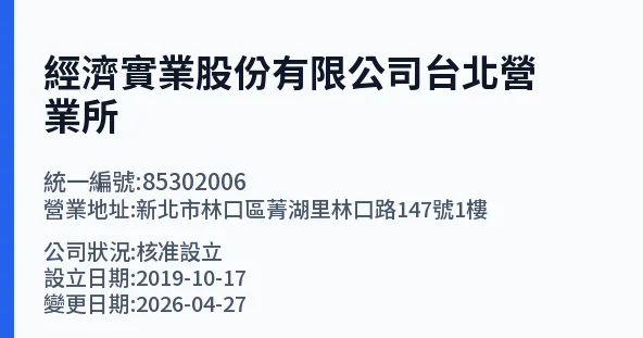 經濟實業股份有限公司台北營業所的照片-統編 85302006(新北市) 公司登記資料與營業項目詳細圖表