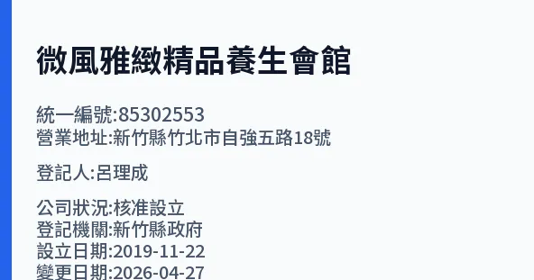 微風雅緻精品養生會館的照片-統編 85302553(新竹縣) 公司登記資料與營業項目詳細圖表