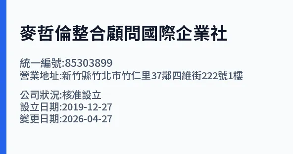 麥哲倫整合顧問國際企業社的照片-統編 85303899(新竹縣) 公司登記資料與營業項目詳細圖表