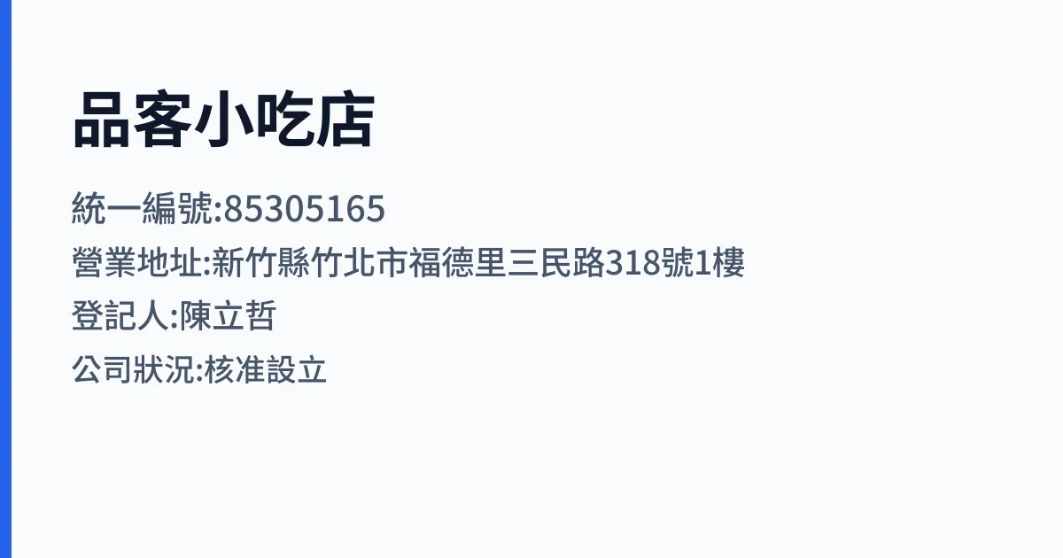 品客小吃店 - 統編 85305165(新竹縣) 公司登記資料與營業項目詳細圖表