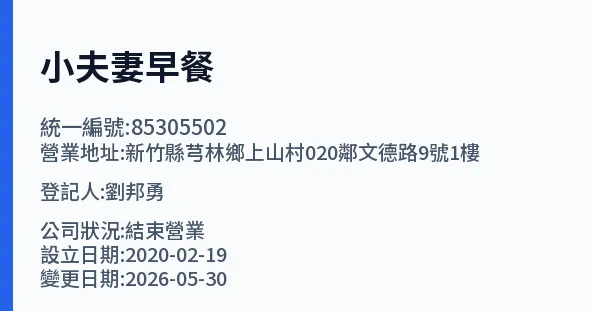 小夫妻早餐的照片-統編 85305502(新竹縣) 公司登記資料與營業項目詳細圖表