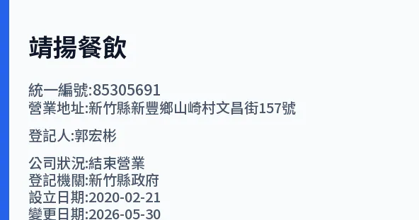 靖揚餐飲的照片-統編 85305691(新竹縣) 公司登記資料與營業項目詳細圖表