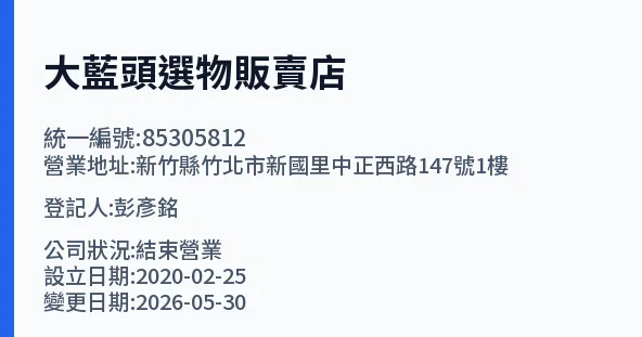 大藍頭選物販賣店的照片-統編 85305812(新竹縣) 公司登記資料與營業項目詳細圖表