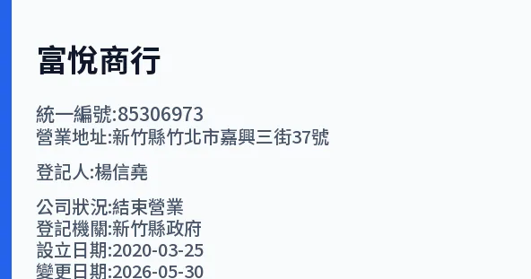 富悅商行的照片-統編 85306973(新竹縣) 公司登記資料與營業項目詳細圖表