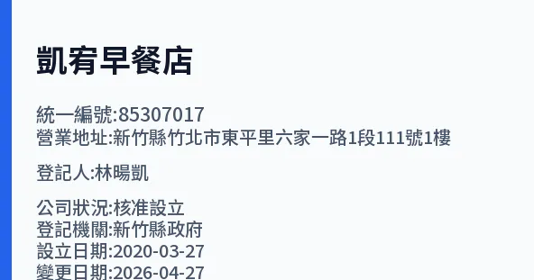 凱宥早餐店的照片-統編 85307017(新竹縣) 公司登記資料與營業項目詳細圖表
