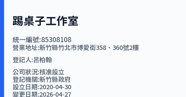 踢桌子工作室的照片-統編 85308108(新竹縣) 公司登記資料與營業項目詳細圖表