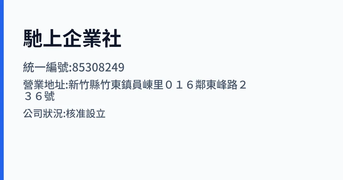 馳上企業社 - 統編 85308249(新竹縣) 公司登記資料與營業項目詳細圖表