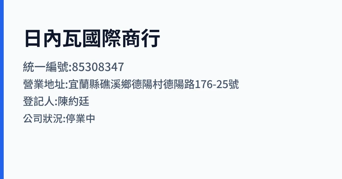 日內瓦國際商行 - 統編 85308347(新竹縣) 公司登記資料與營業項目詳細圖表