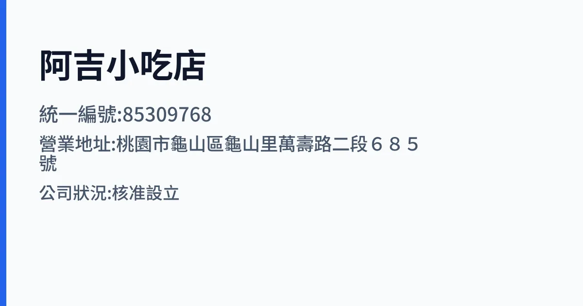 阿吉小吃店 - 統編 85309768(桃園市) 公司登記資料與營業項目詳細圖表