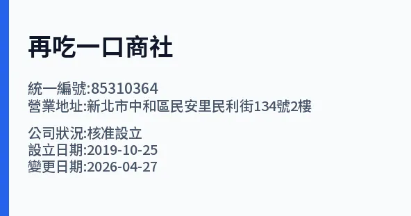 再吃一口商社的照片-統編 85310364(新北市) 公司登記資料與營業項目詳細圖表