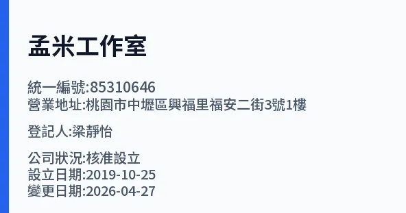 孟米工作室的照片-統編 85310646(桃園市) 公司登記資料與營業項目詳細圖表