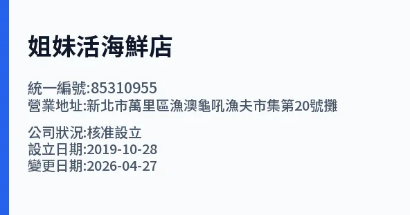 姐妹活海鮮店的照片-統編 85310955(新北市) 公司登記資料與營業項目詳細圖表