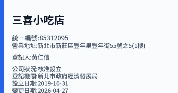 三喜小吃店的照片-統編 85312095(新北市) 公司登記資料與營業項目詳細圖表