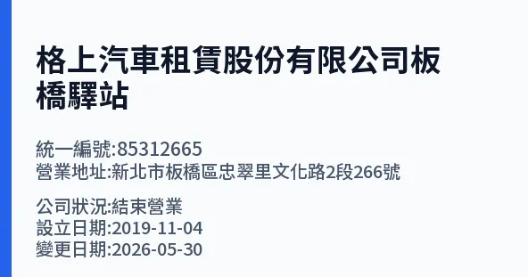 格上汽車租賃股份有限公司板橋驛站的照片-統編 85312665(新北市) 公司登記資料與營業項目詳細圖表