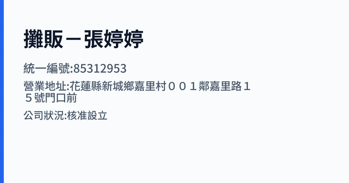攤販－張婷婷 - 統編 85312953(花蓮縣) 公司登記資料與營業項目詳細圖表