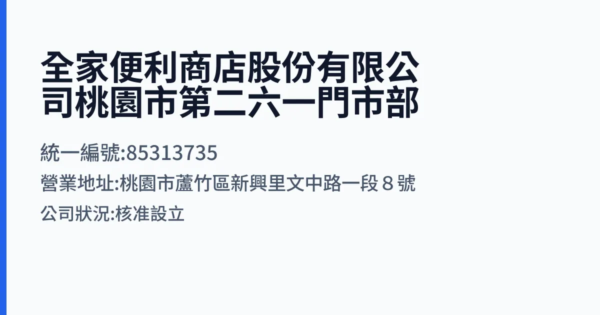 全家便利商店股份有限公司桃園市第二六一門市部 - 統編 85313735(桃園市) 公司登記資料與營業項目詳細圖表