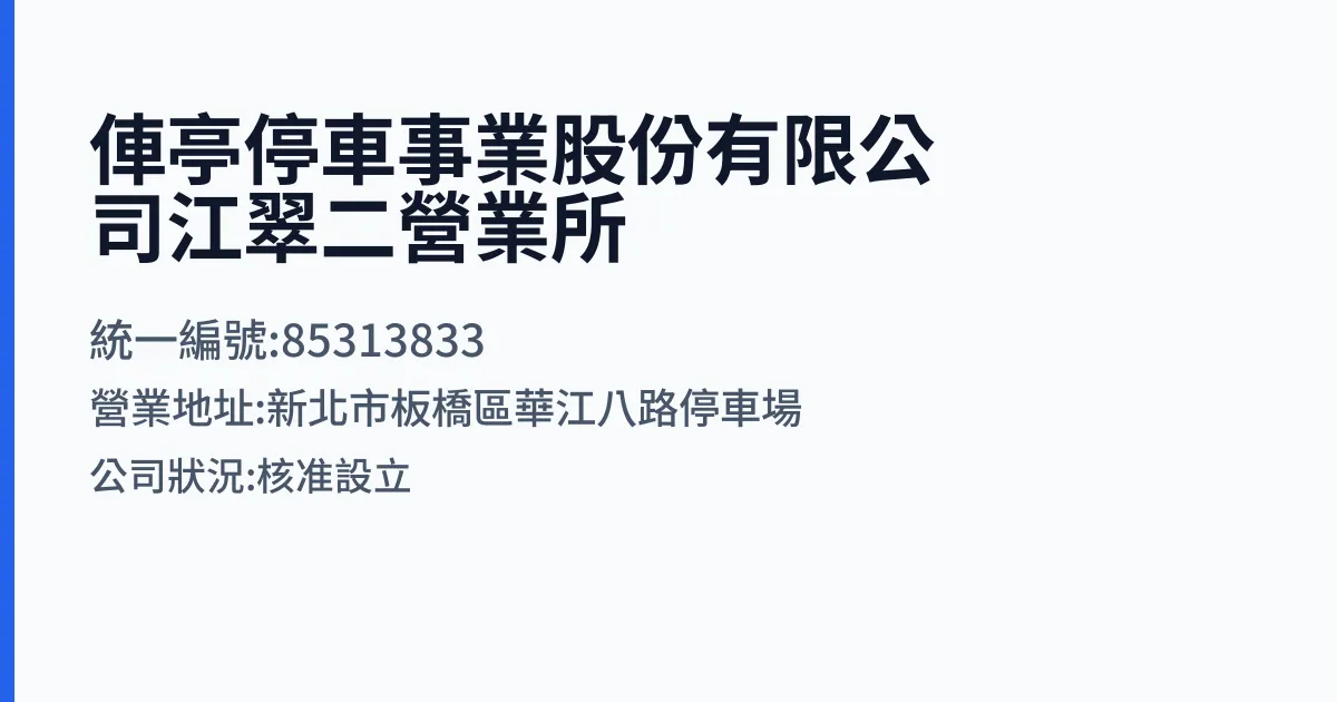 俥亭停車事業股份有限公司江翠二營業所 - 統編 85313833(新北市) 公司登記資料與營業項目詳細圖表