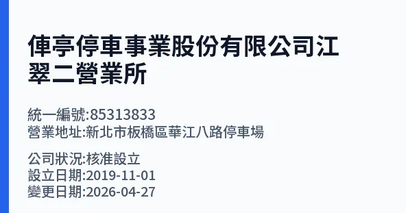 俥亭停車事業股份有限公司江翠二營業所的照片-統編 85313833(新北市) 公司登記資料與營業項目詳細圖表