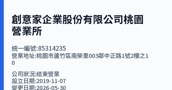 創意家企業股份有限公司桃園營業所的照片-統編 85314235(桃園市) 公司登記資料與營業項目詳細圖表