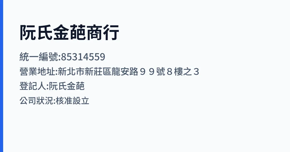 阮氏金葩商行 - 統編 85314559(新北市) 公司登記資料與營業項目詳細圖表