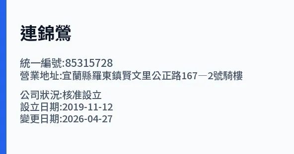 連錦鶯的照片-統編 85315728(宜蘭縣) 公司登記資料與營業項目詳細圖表
