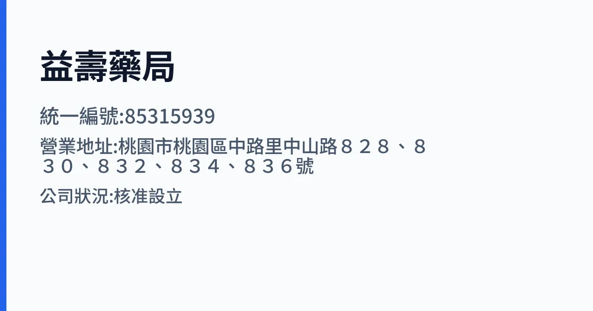 益壽藥局 - 統編 85315939(桃園市) 公司登記資料與營業項目詳細圖表